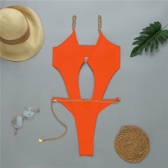 imOgen | Swim | Nwt Orange Cut Out Gold Chain Monokini Bodysuit Sexy ...